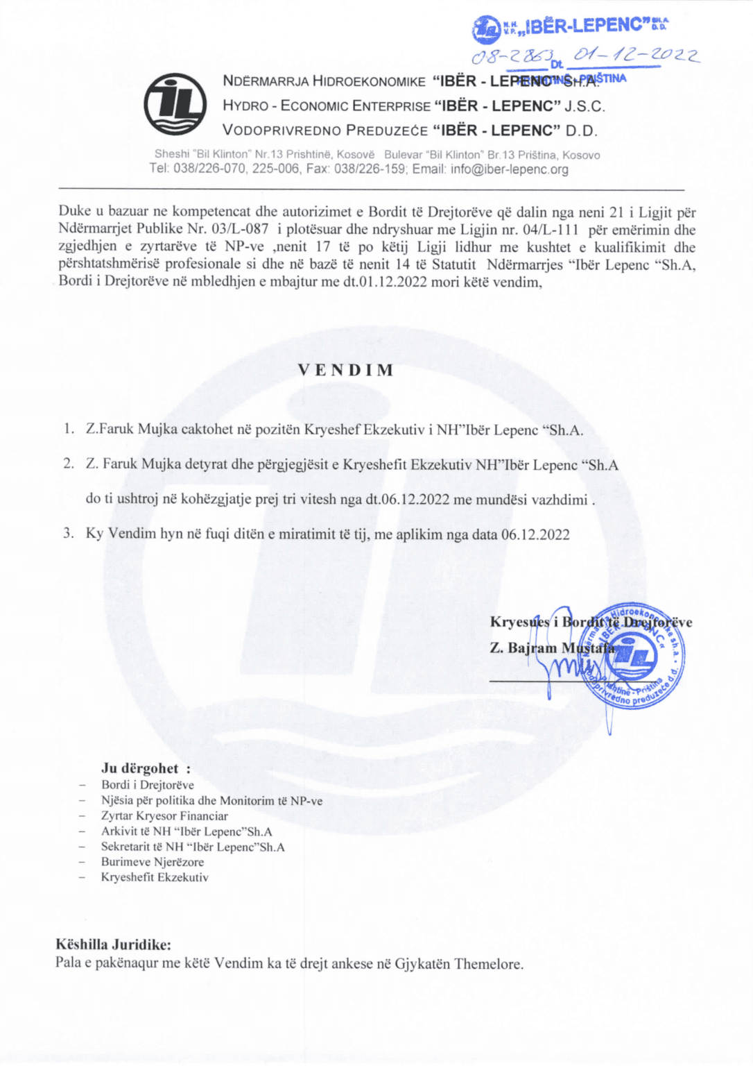 Vendimi për përzgjedhjen e Kryeshefit Ekzekutiv – Iber Lepenci
