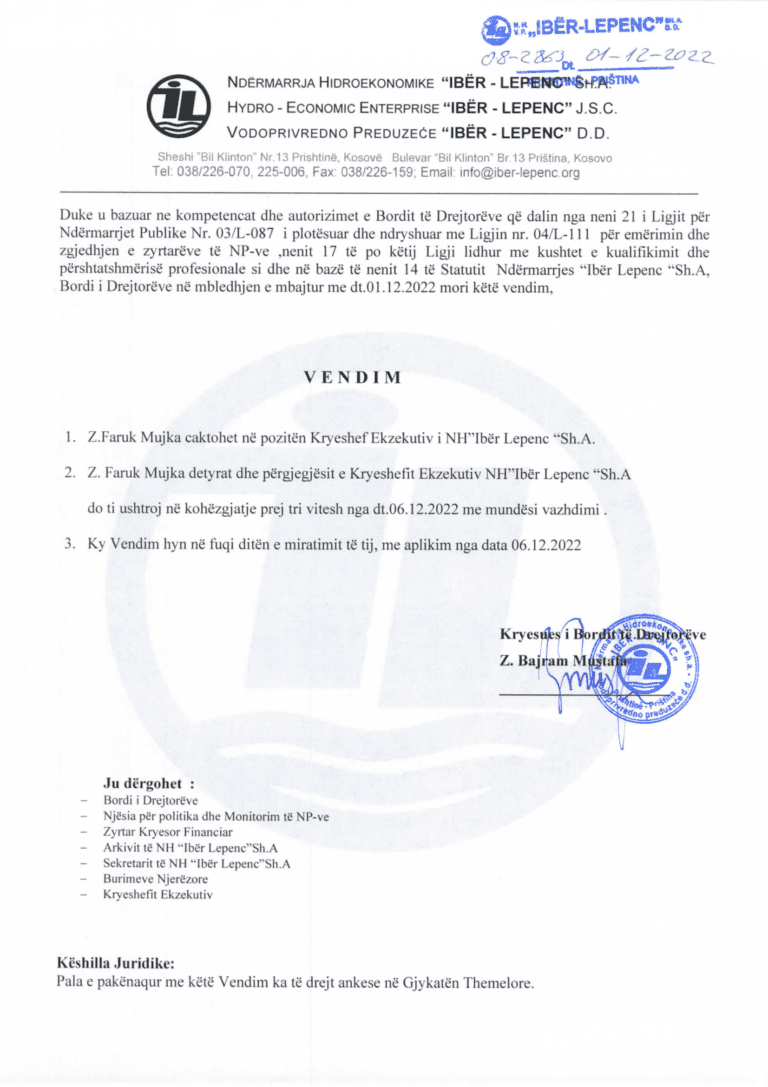 Vendimi për përzgjedhjen e Kryeshefit Ekzekutiv – Iber Lepenci
